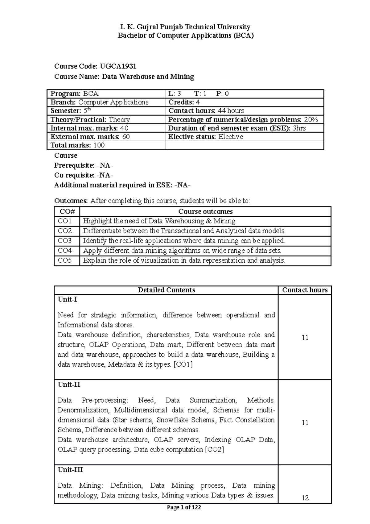 BCA 5th Sem: Data Warehouse & Mining Course Syllabus Overview - Studocu
