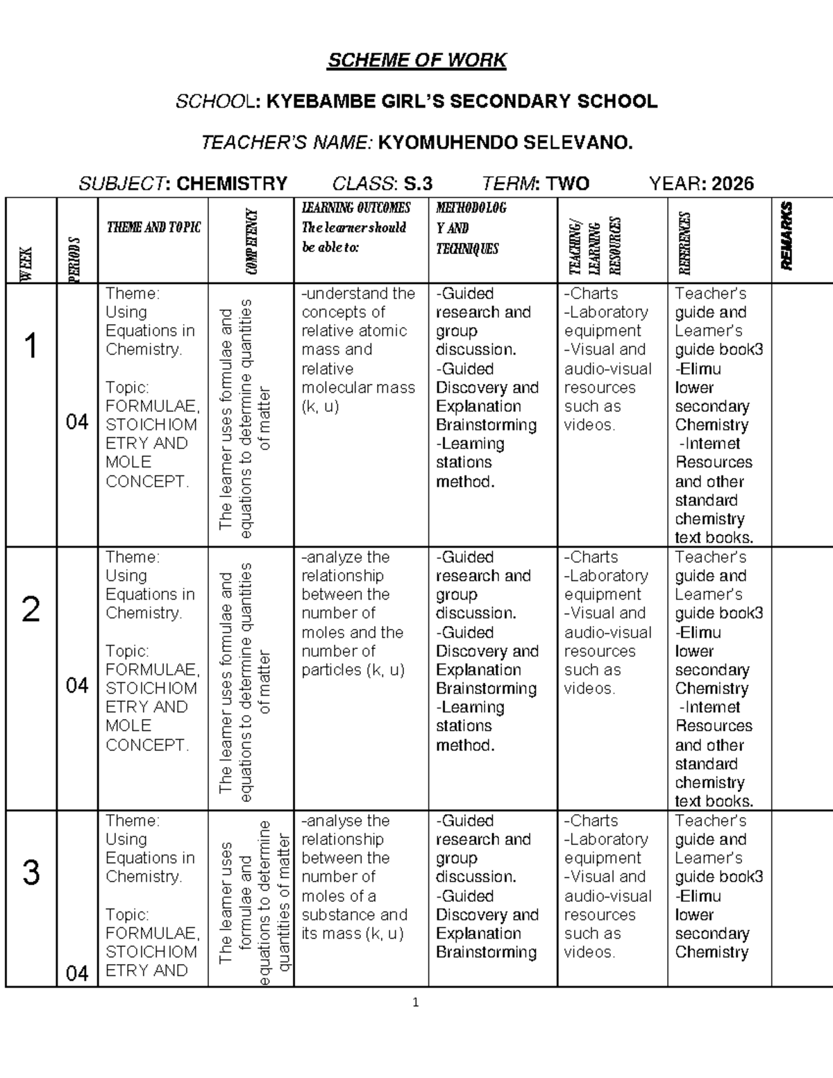 S.3 TERM 2 Scheme of Work: Formulae, Stoichiometry & Mole Concept - Studocu