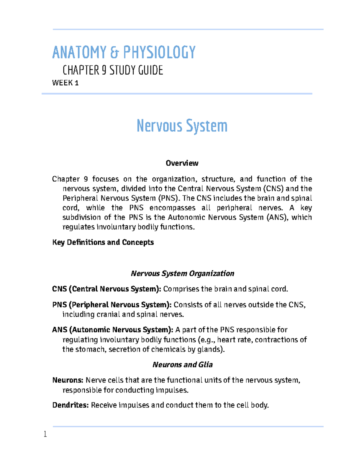 Anatomy & Physiology (AP 101) Chapter 9 Study Guide: Nervous System ...