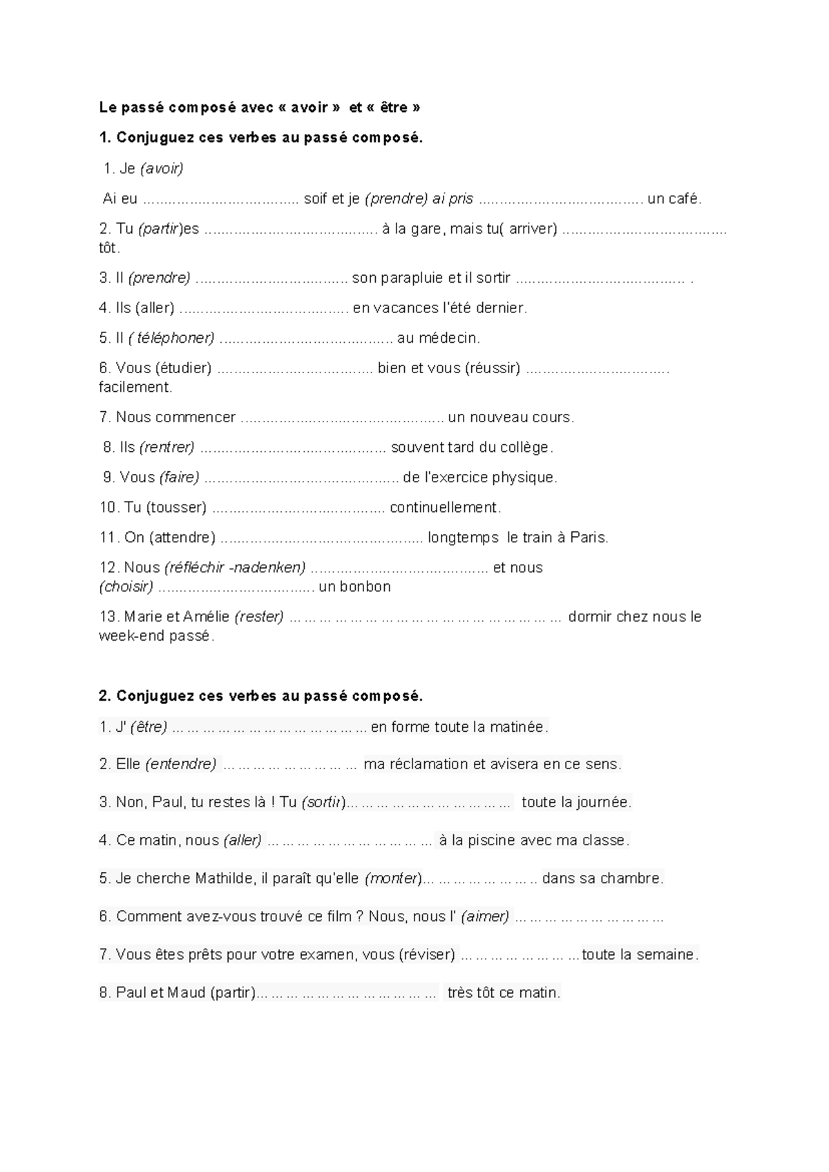 Exercices sur le passé composé avec avoir et être - Français 101 ...