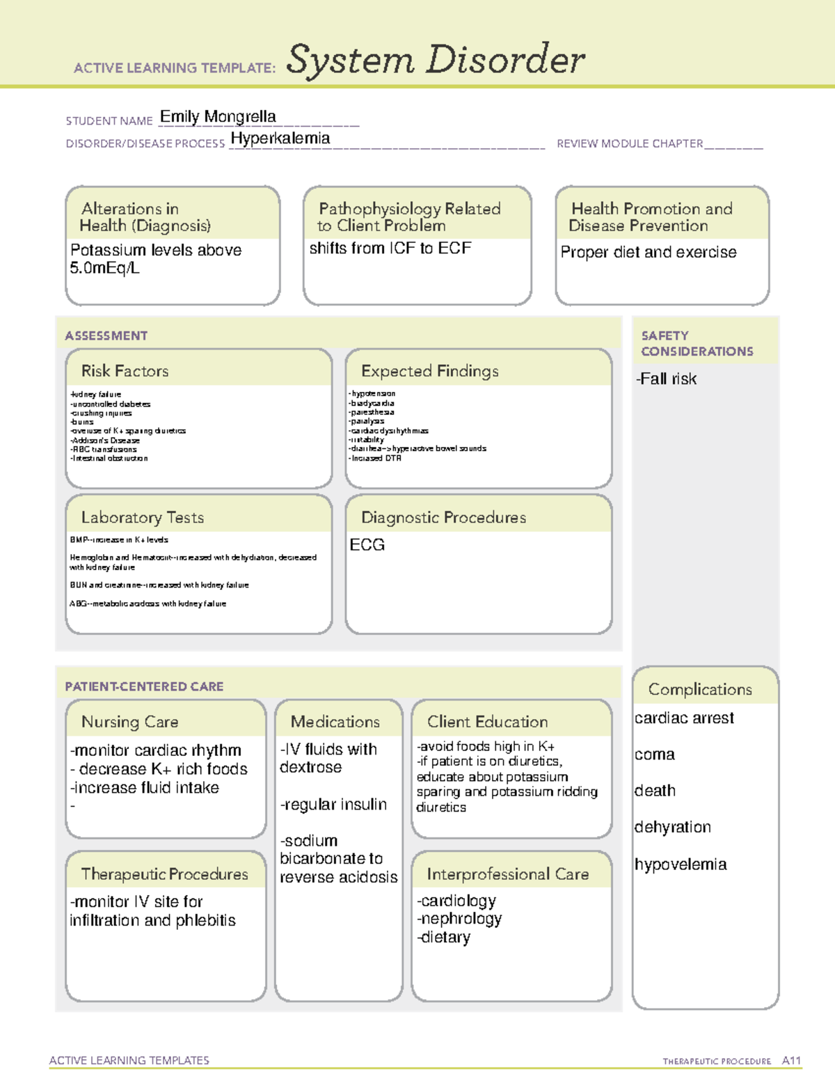 Hyperkalemia Active Learning Template: Assessment & Care Guide - Studocu