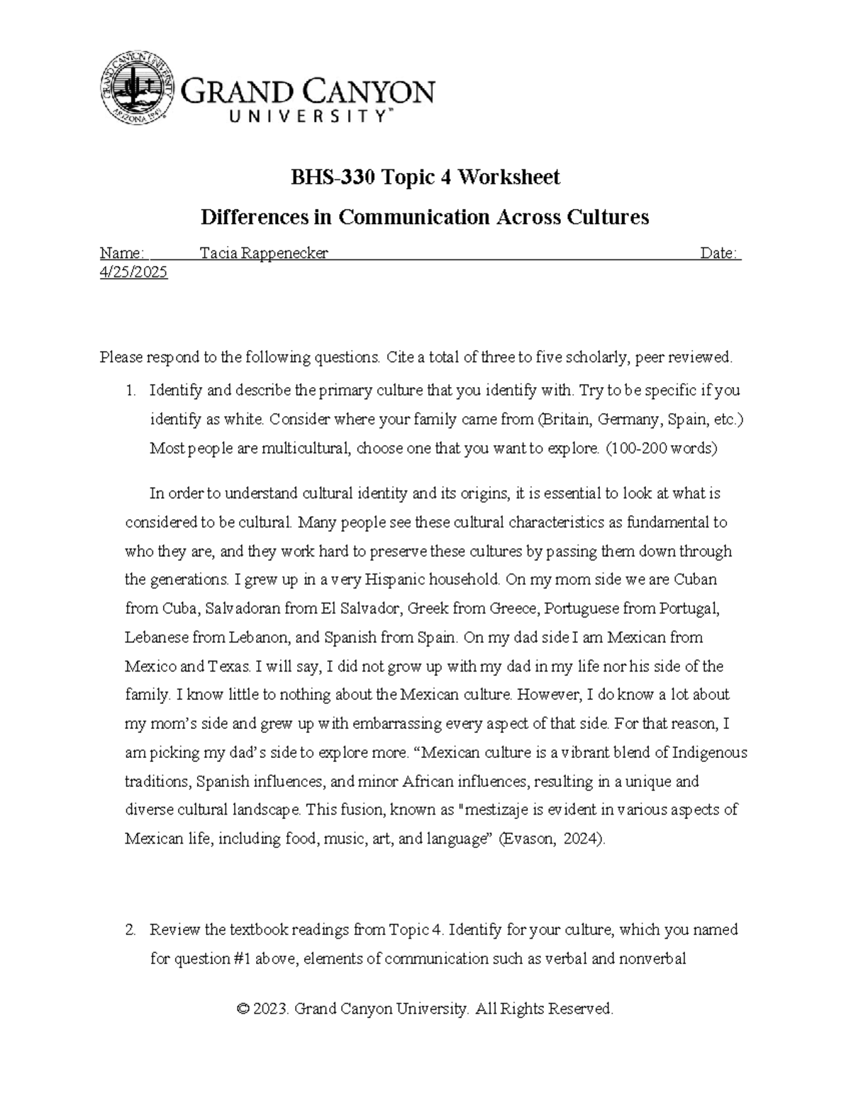 BHS 330 RS T4 Worksheet: Exploring Cultural Communication Differences ...