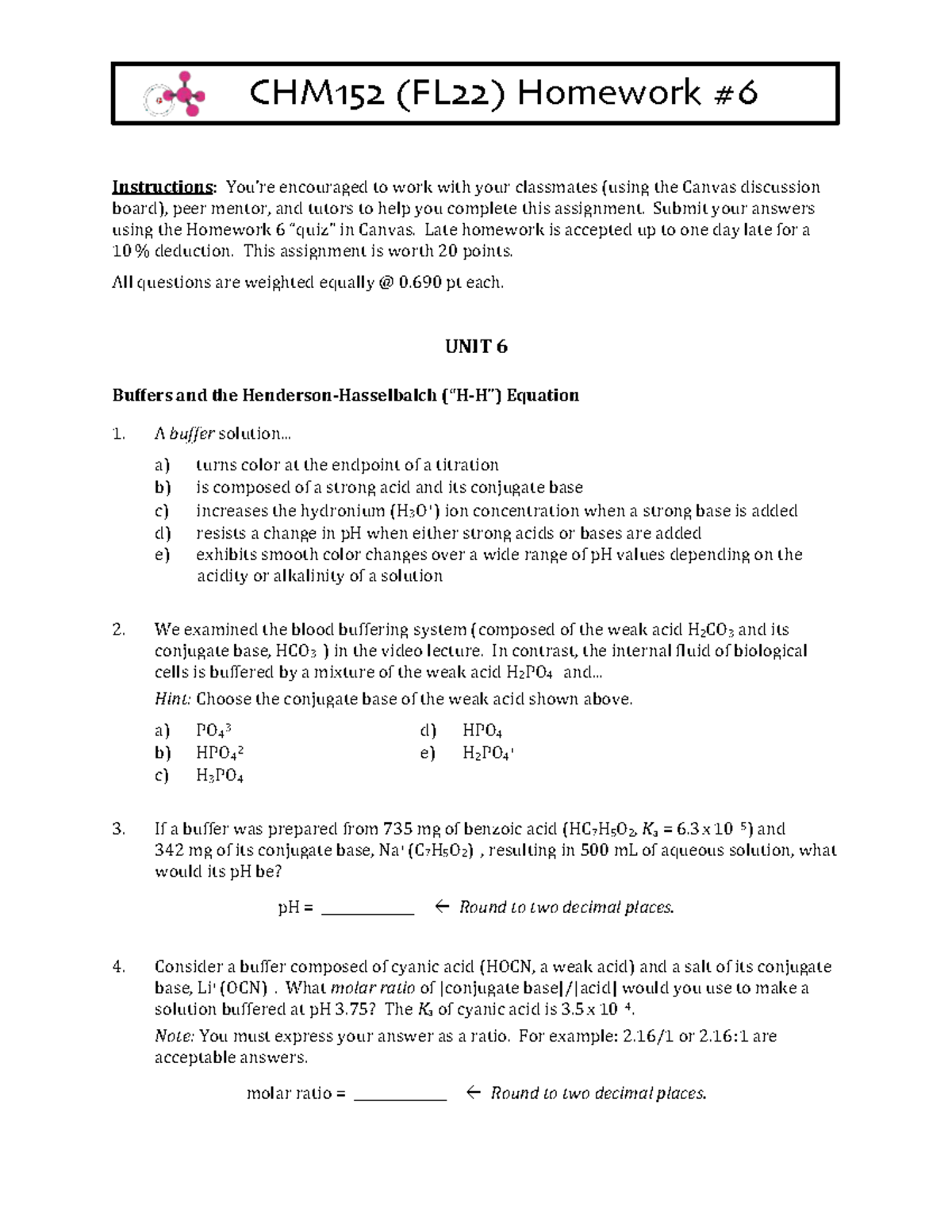 CHM152 (FL22) Homework 6: Acid-Base Titration Concepts and Calculations ...