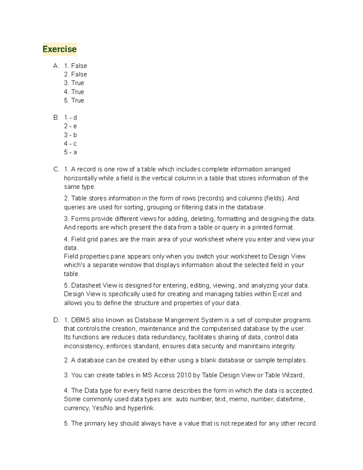 ICT Unit 1 Exercise - Google Docs - Exercise A. 1. False 2. False 3 ...
