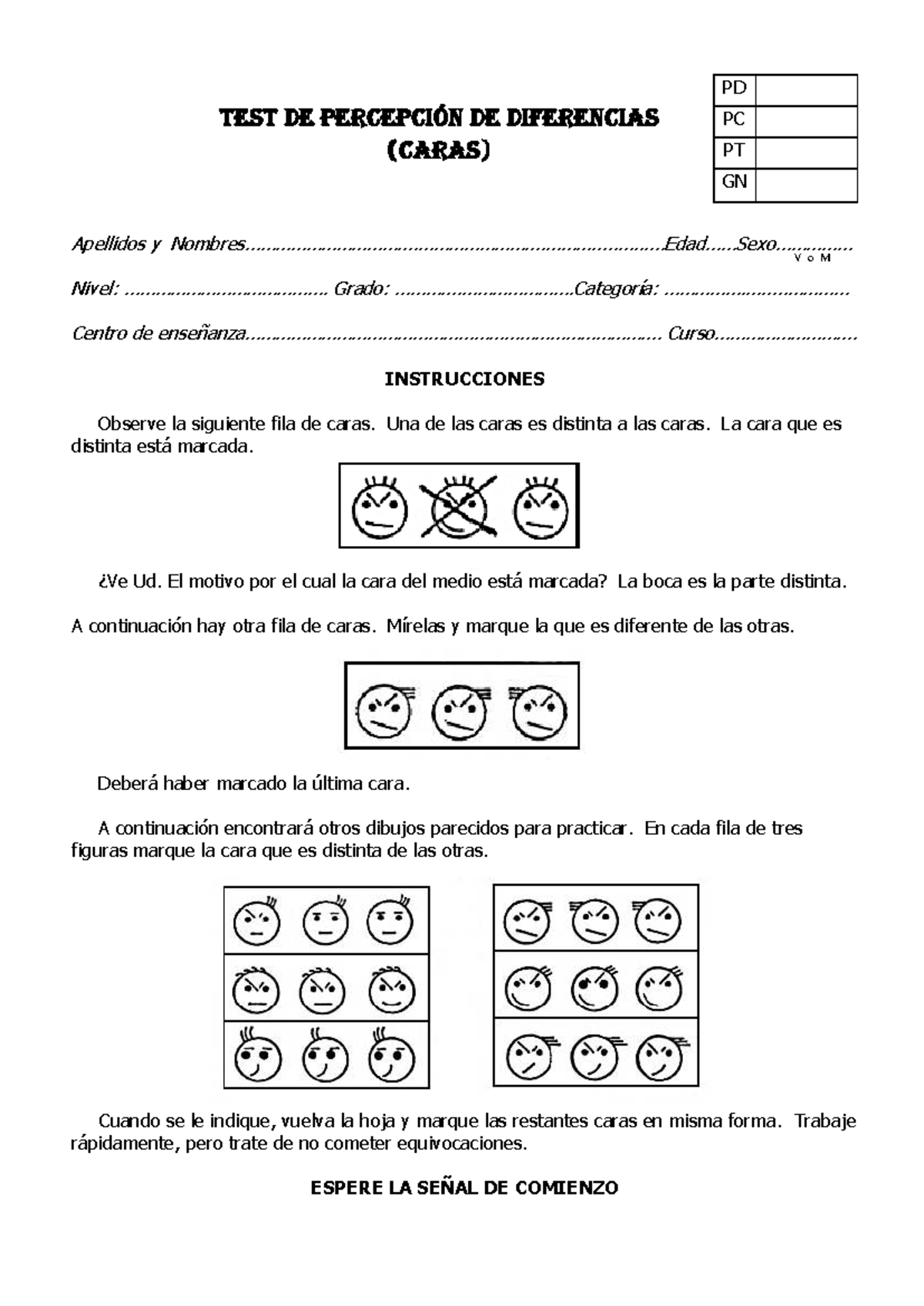 PD TEST DE PERCEPCIÓN DE DIFERENCIAS (Caras) - Protocolo Original - Studocu