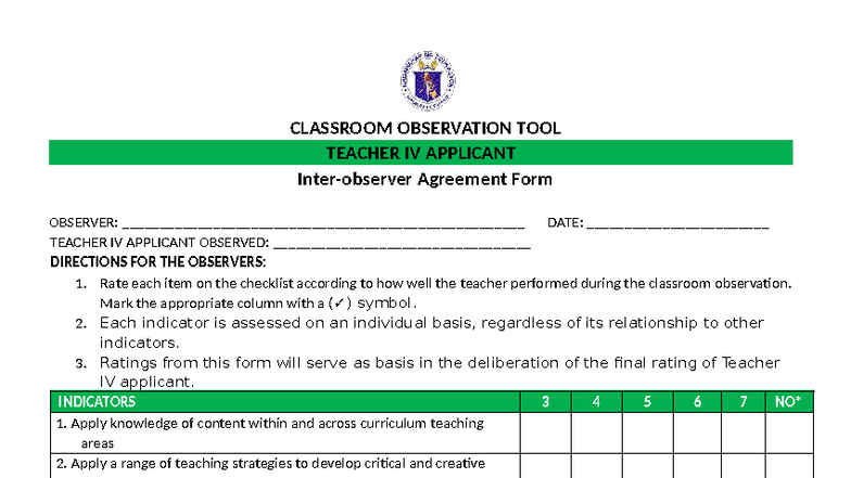 COT ECP Rating Sheet for Teacher IV Applicants - Studocu
