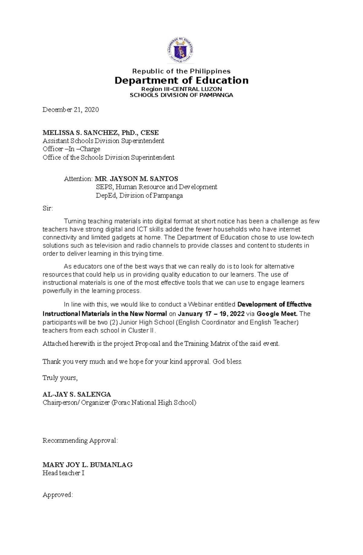 Webinar Proposal: Empowering SSG Leaders at PNHS Amidst Pandemic - Studocu