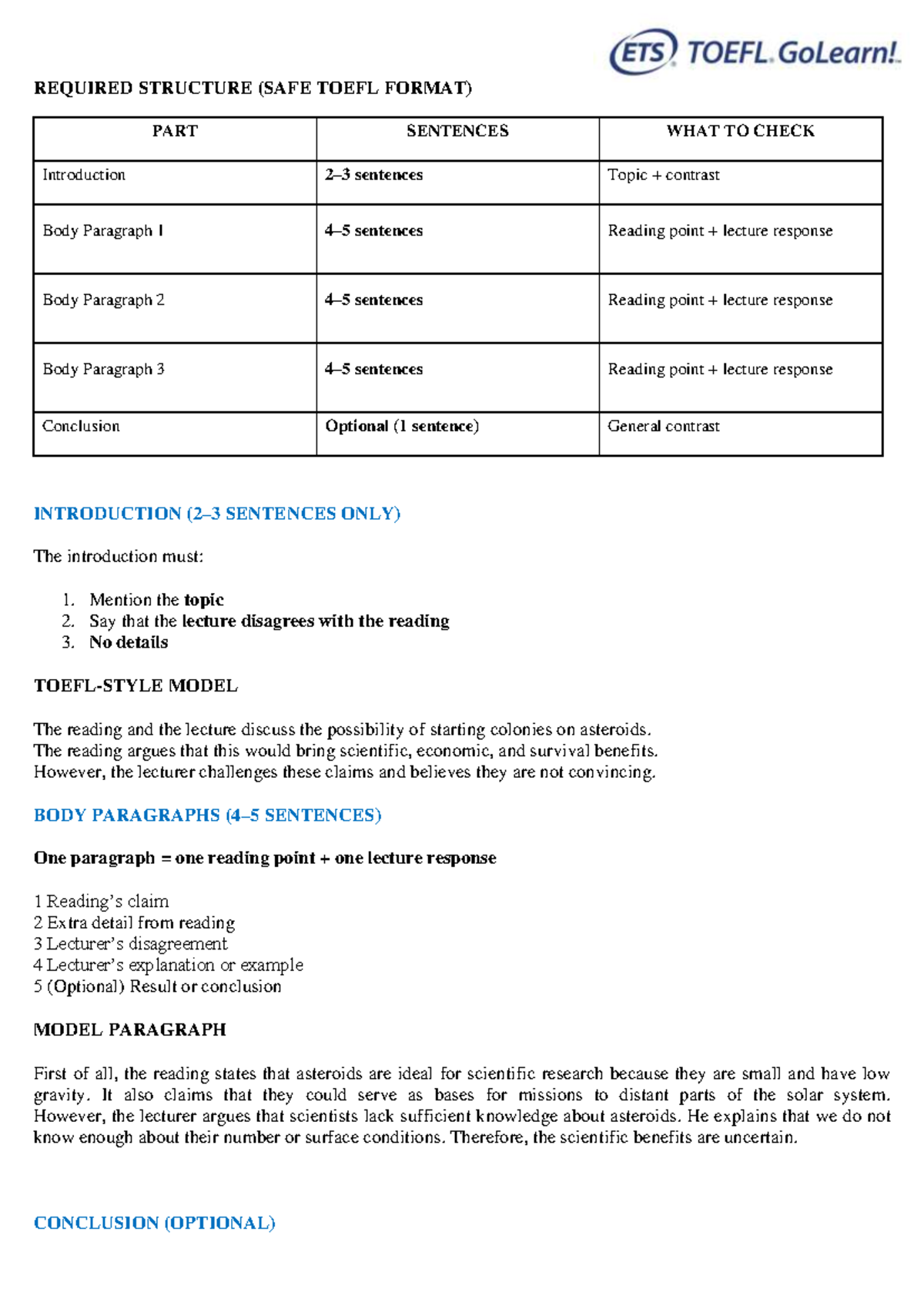 Required Structure for TOEFL Format: Sentence Guidelines - Studocu