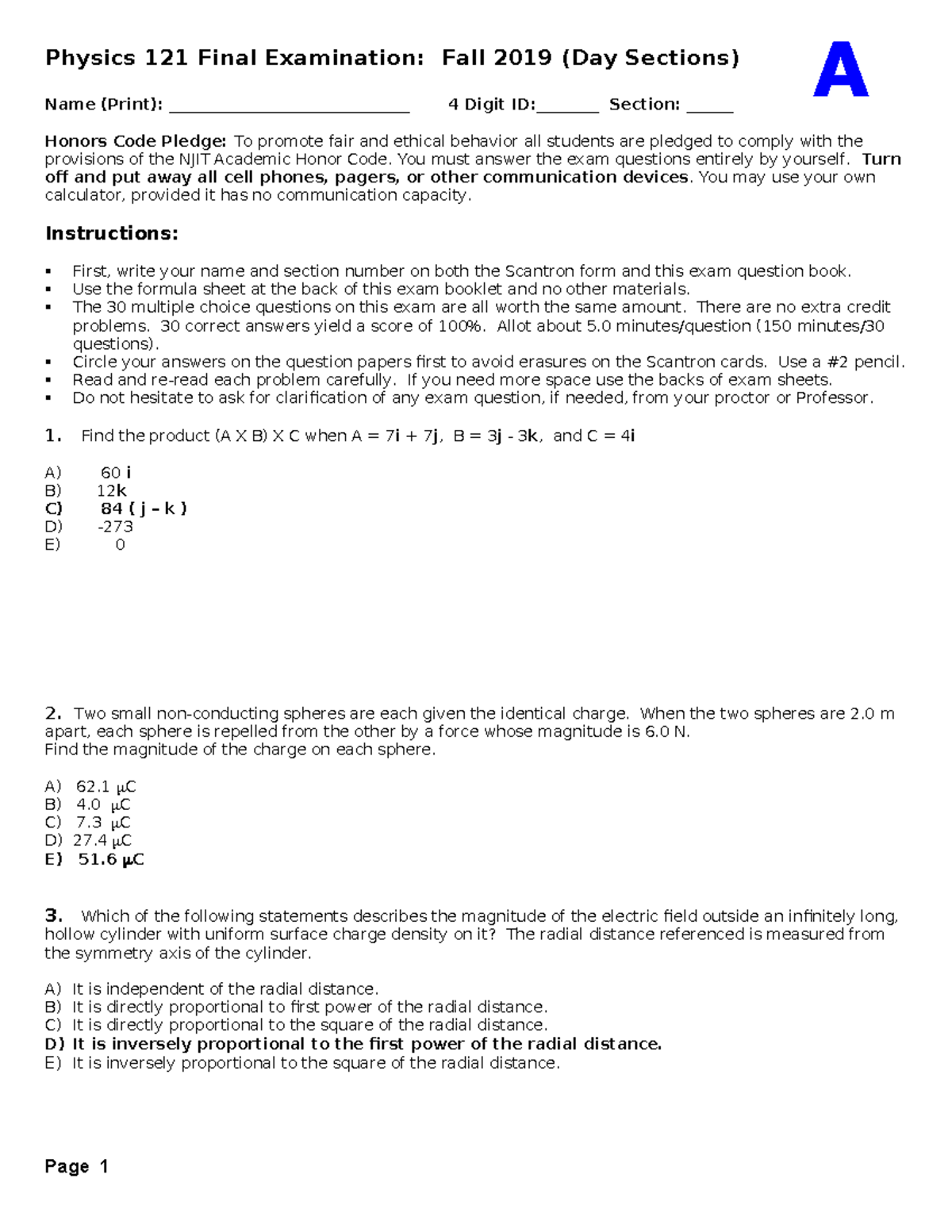 Physics 121 (Phys 2) Final Exam Review - Fall 2019 A&B - Studocu