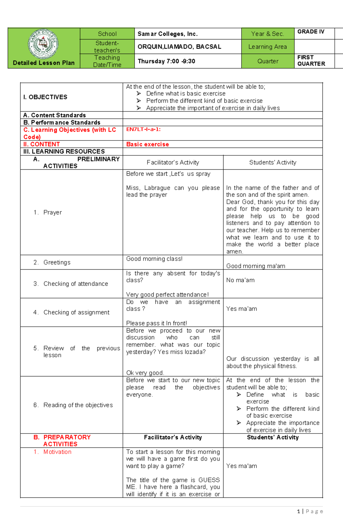 Lesson Plan Format - Detailed Lesson Plan School Samar Colleges, Inc ...