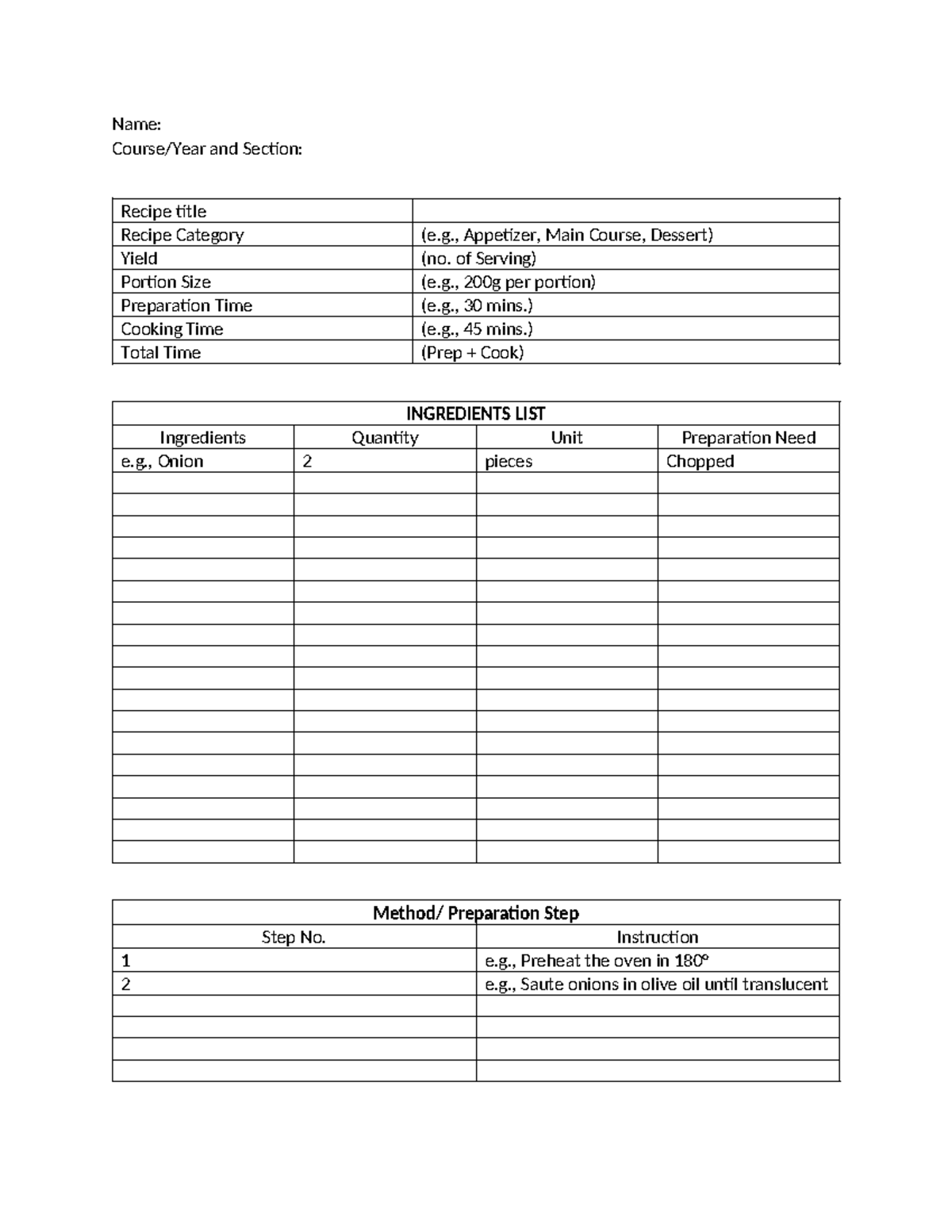 Standardized- Recipe - Name: Course/Year and Section: Recipe title ...