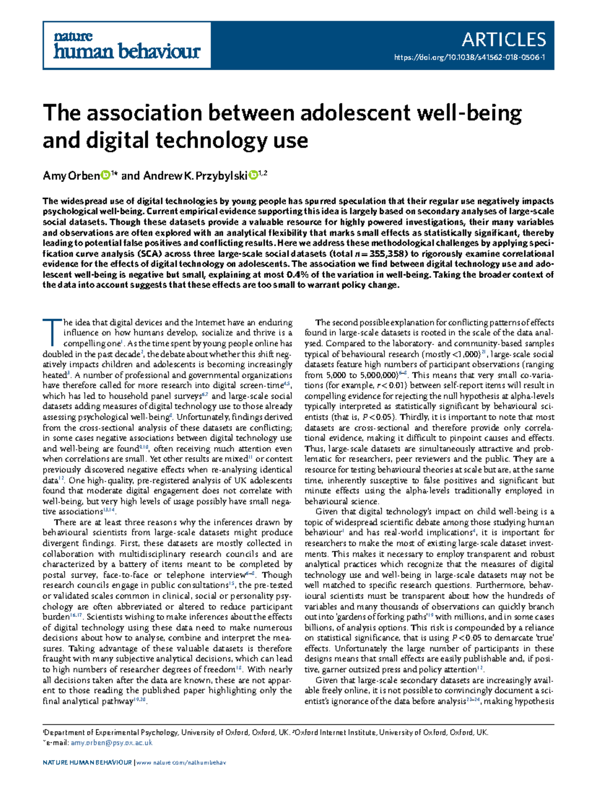 The Association Between Adolescent Wellbeing and Digital Tech Use: A ...