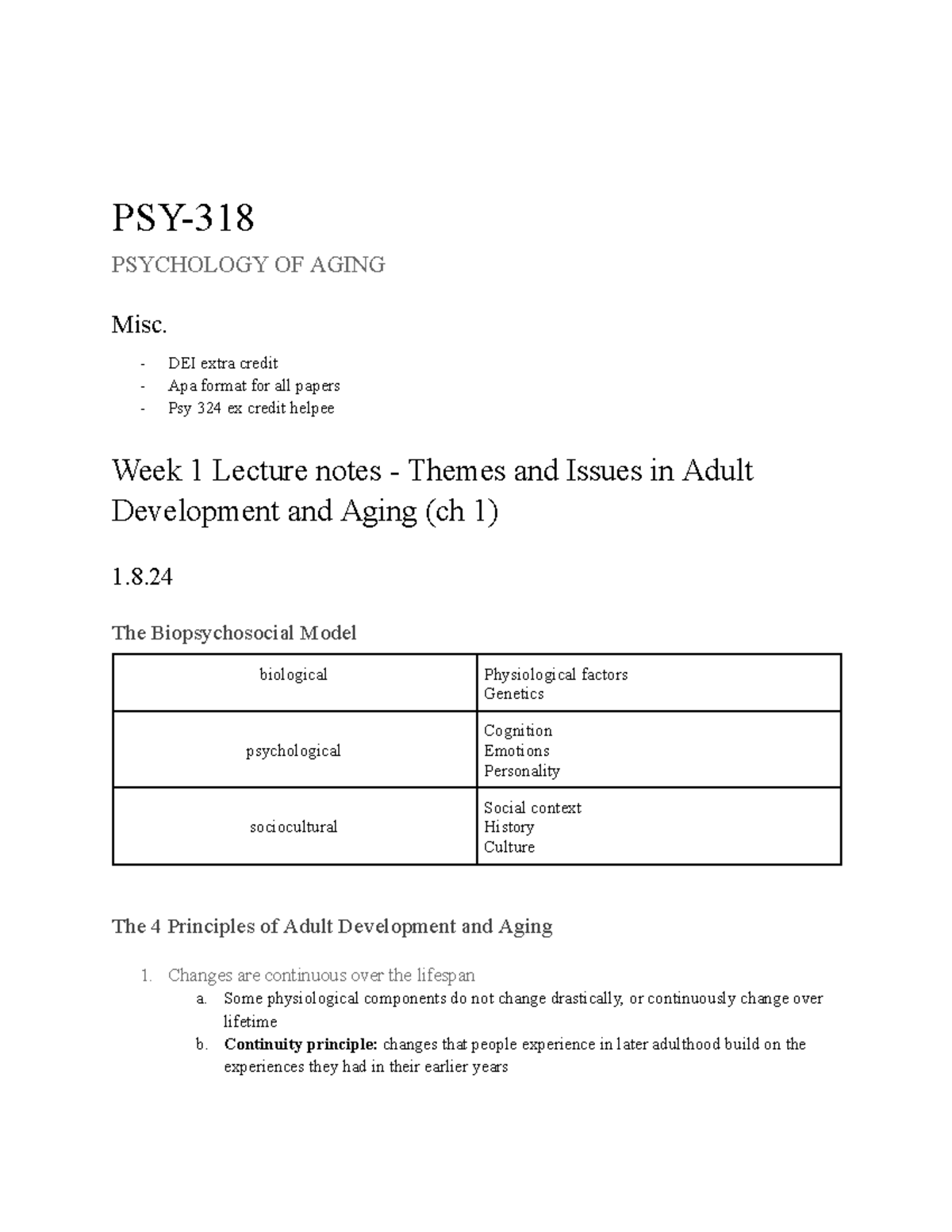 PSY-318 Lecture Notes on Psychology of Aging and Development - Studocu