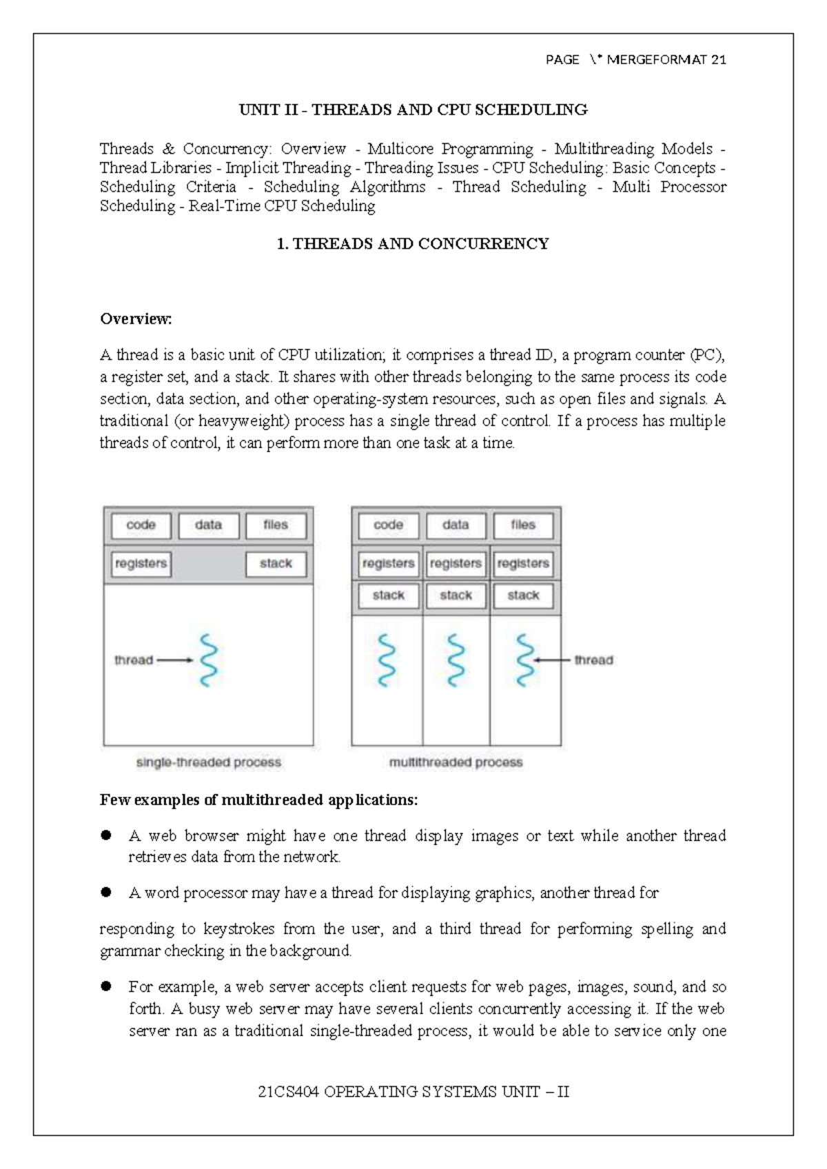 21CS404 OPERATING SYSTEMS UNIT II - Threads & CPU Scheduling Notes ...