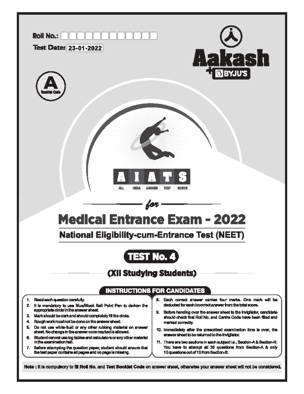 All India Aakash Test Series (AIATS) NEET 2022 Test No. 4 Instructions ...