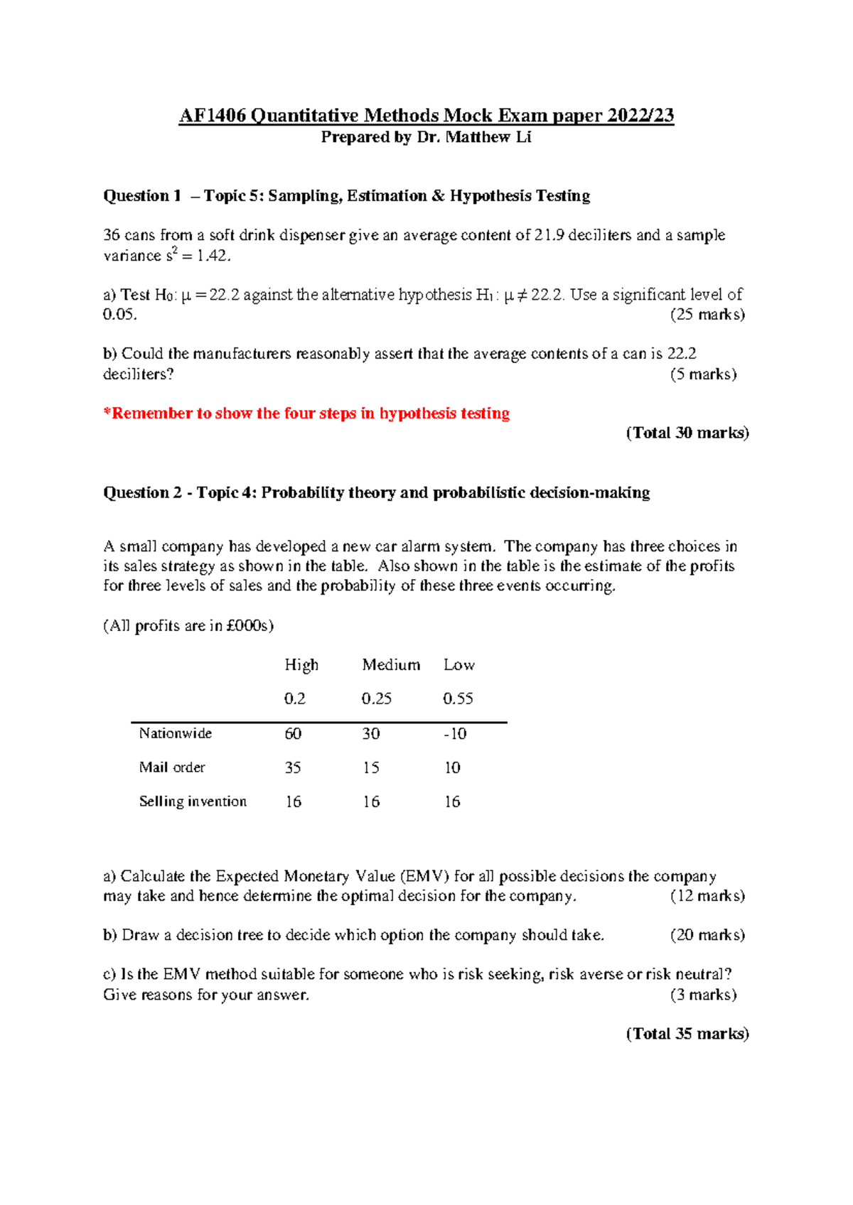 AF1406 Quantitative Methods Mock Exam paper 2023 - Matthew Li Question ...