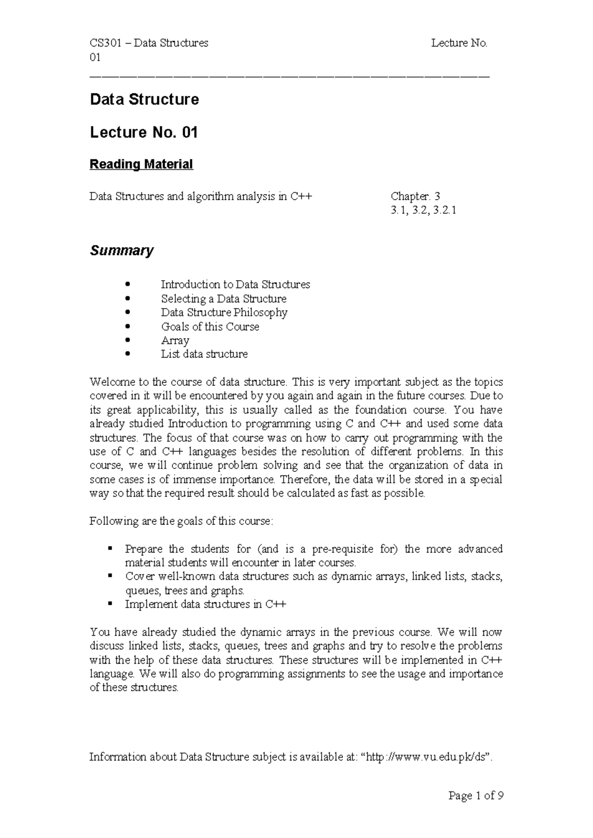 CS301 Data Structures Lecture 01: Introduction & Key Concepts - Studocu