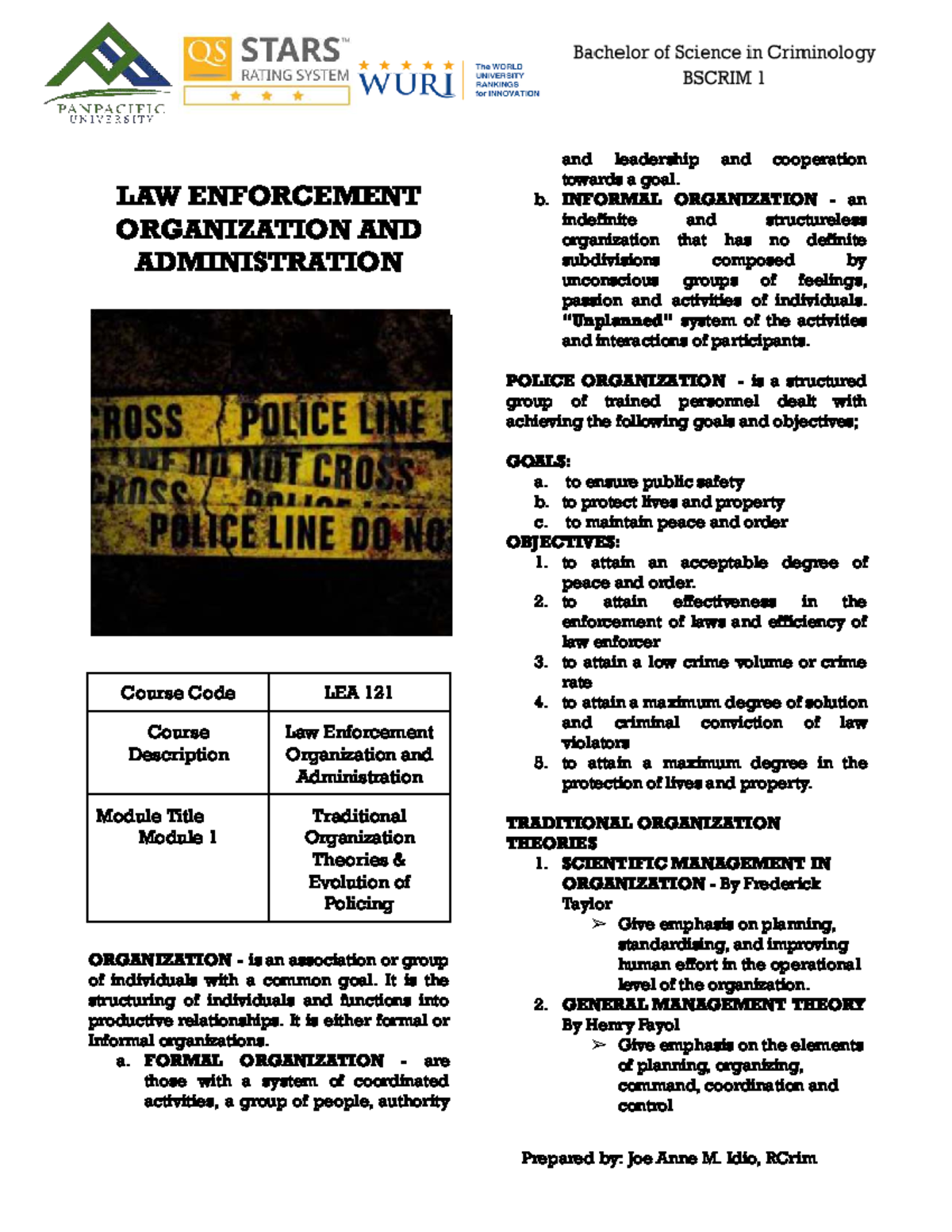 LEA 121 Module 1: Law Enforcement Organization & Administration ...