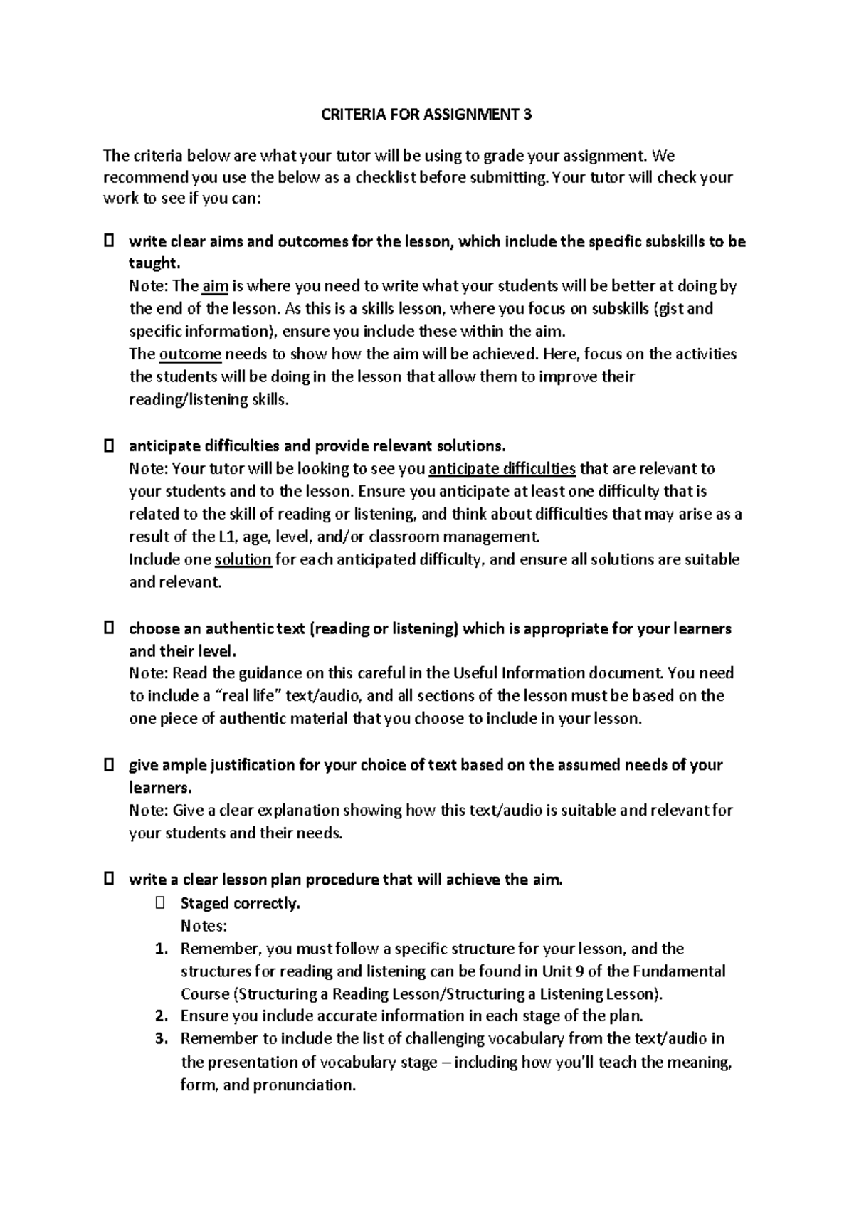 FUN Criteria checklist A3 - CRITERIA FOR ASSIGNMENT 3 The criteria ...