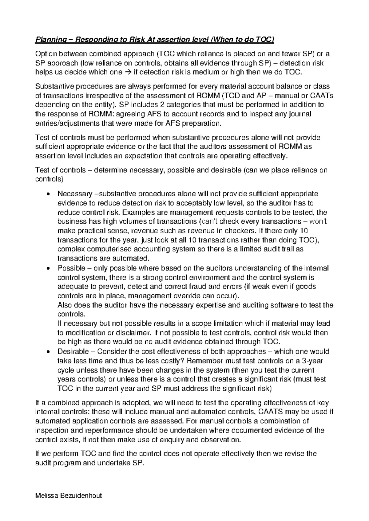 TOC - Test of Controls for Risk Assessment and Audit Procedures - Studocu