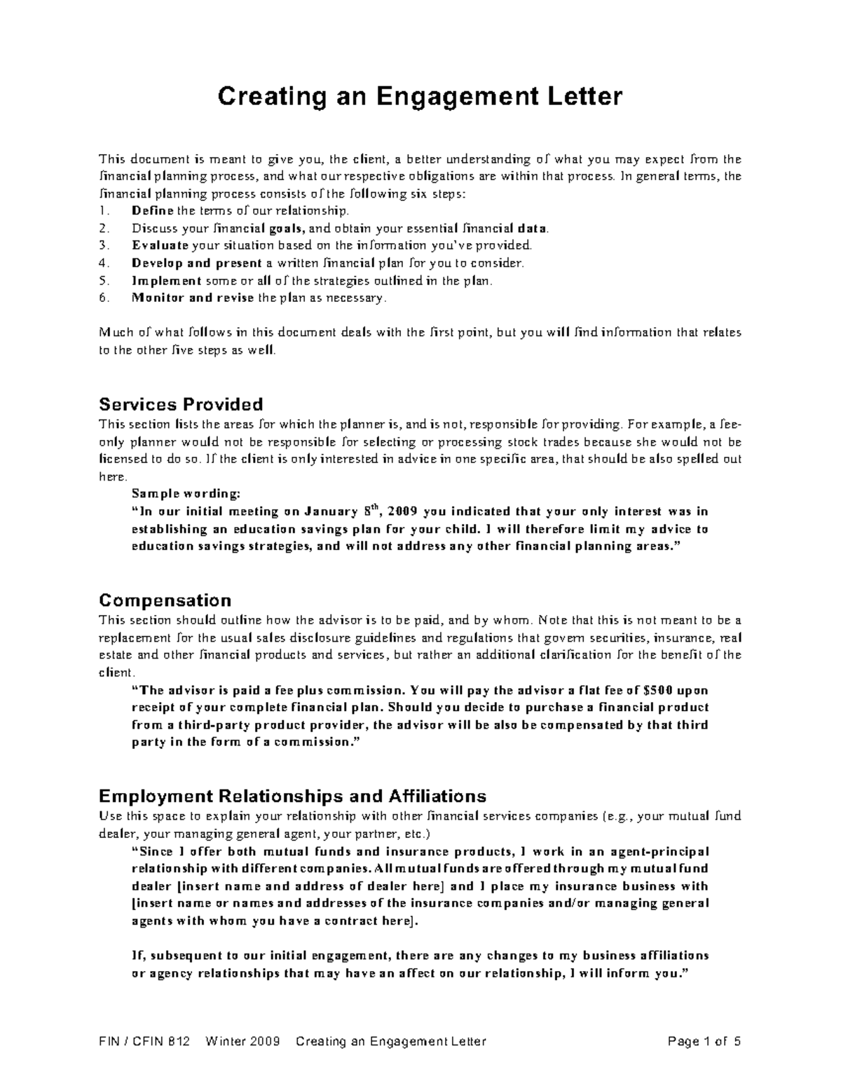 Creating an Engagement Letter for FIN CFIN 812 - Studocu