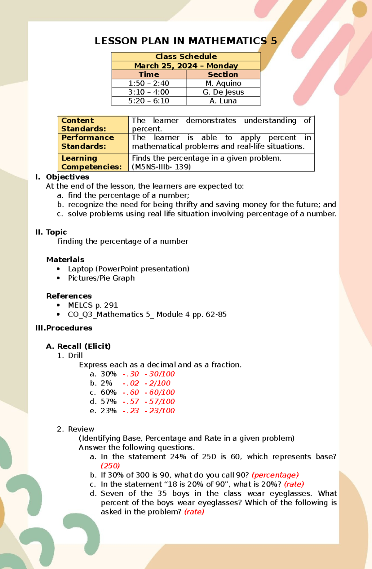 Lesson Plan in Mathematics 5 - CO3: Understanding Percentages - Studocu