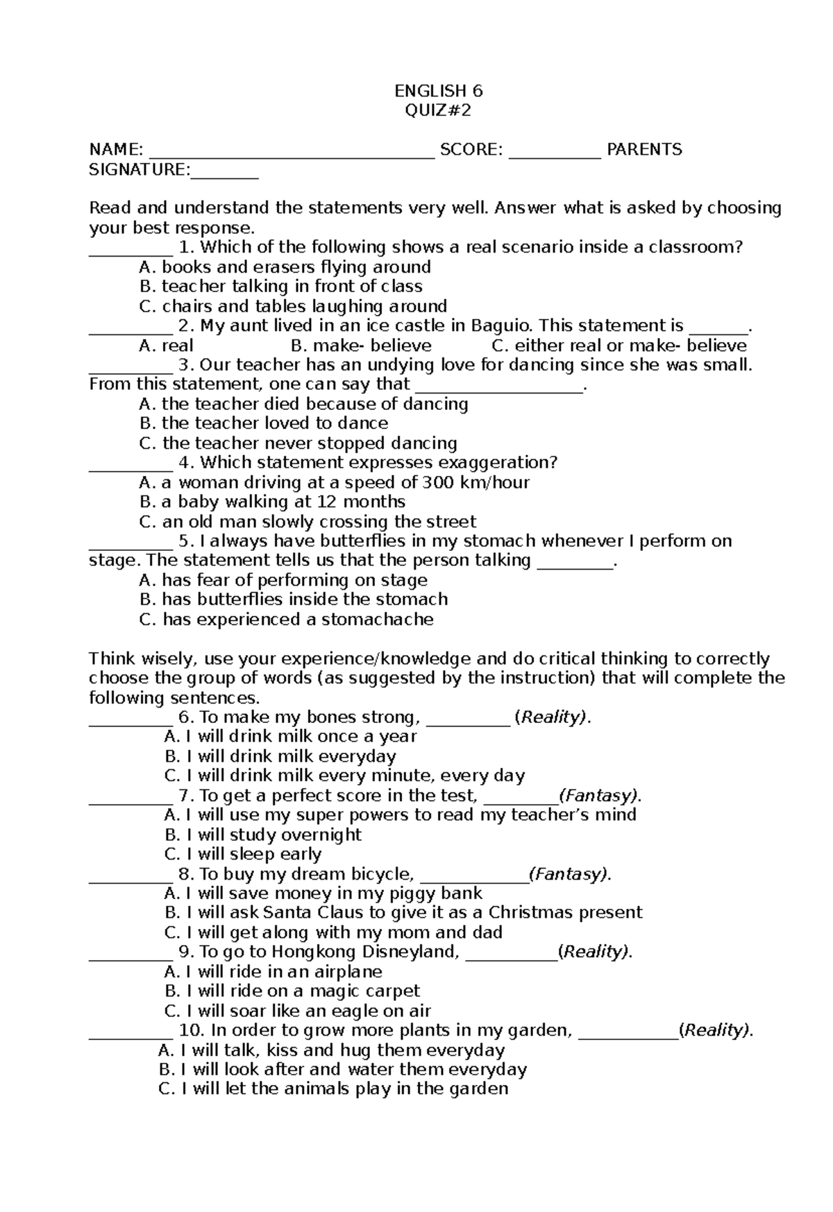 ENGLISH 6 Q1 - Quiz #2: Understanding Real vs. Make-Believe Statements ...