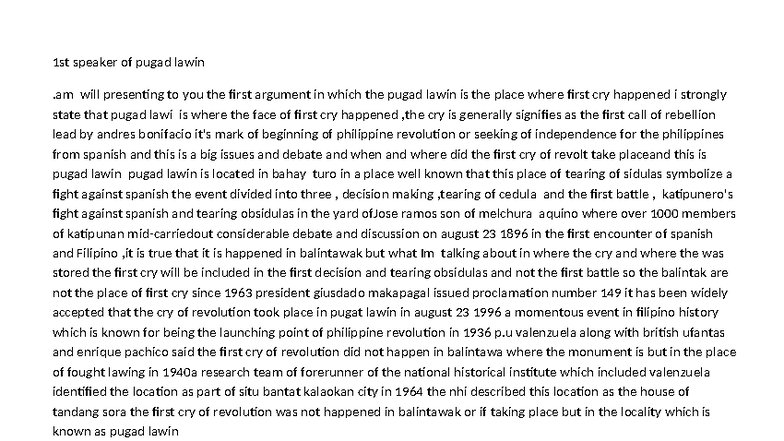1st Speaker Argument on the First Cry of Revolution: Pugad Lawin vs ...
