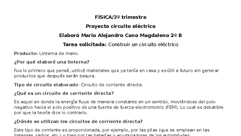 Proyecto de Circuito Eléctrico: Linterna de Mano - Física 2º B - Studocu