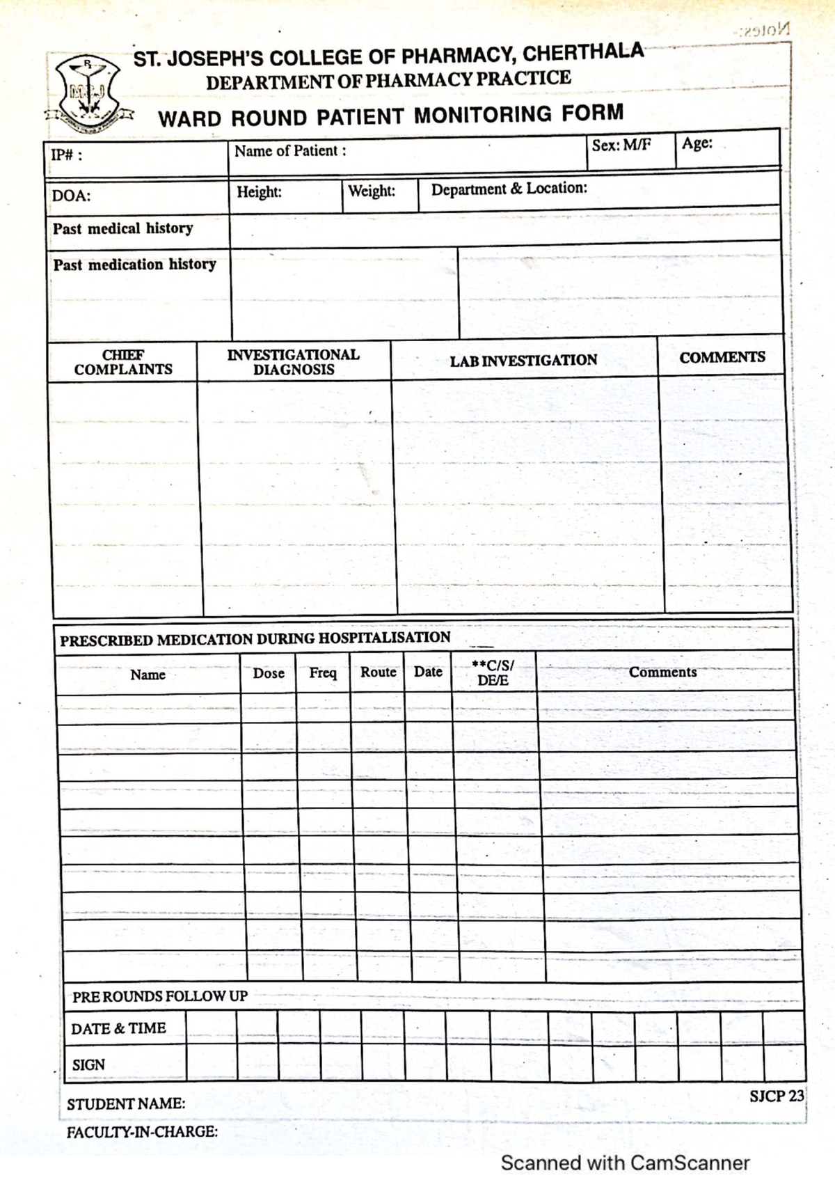 Ward Round Patient Monitoring Form - SJCP 23 - Studocu
