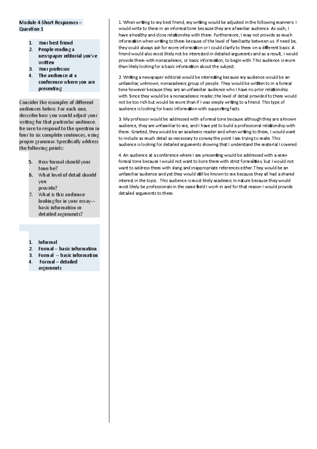 Module 4 Audience Writing Responses: Adjusting Tone & Detail - Studocu