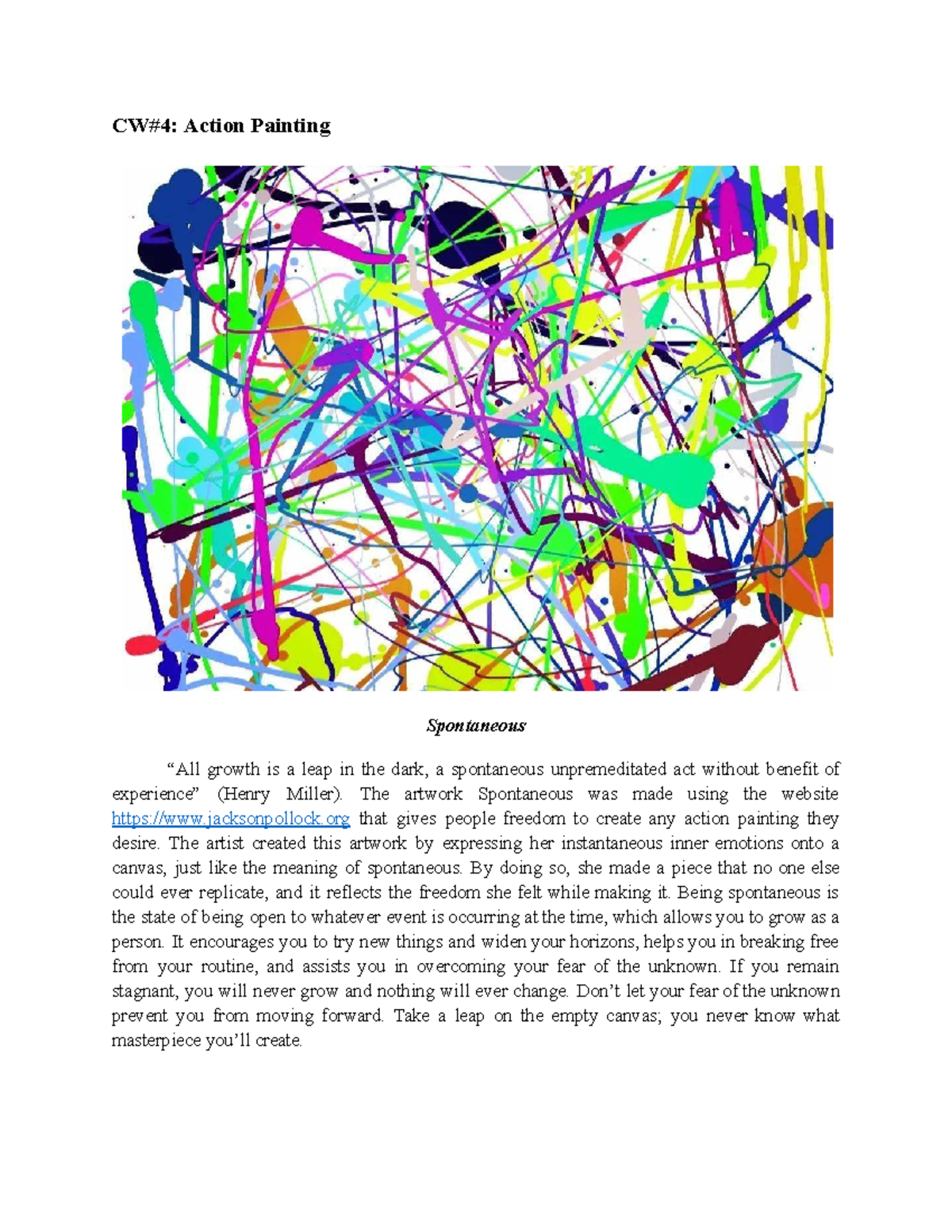 Action Painting: Embracing Spontaneity and Personal Growth - Studocu