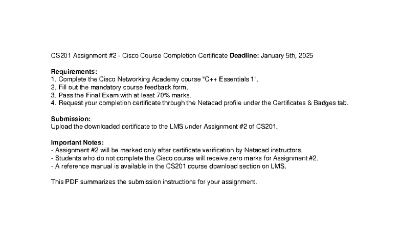 CS201 Assignment 2: Cisco Course Completion Certificate Guide - Studocu