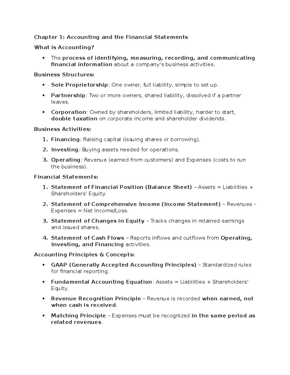 Acct Study Notes' - Chapter 1: Accounting and the Financial Statements ...