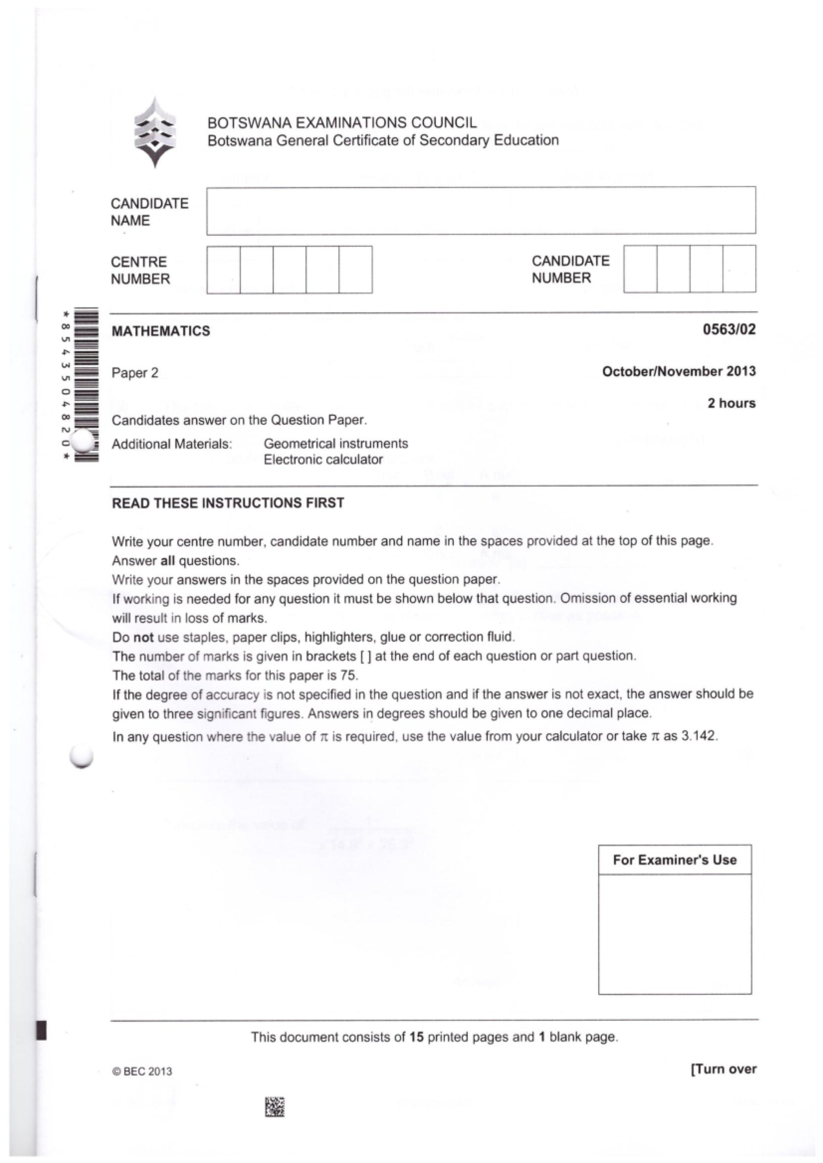 BGCSE Mathematics Paper 2 Exam 2013 - Candidate Instructions - Studocu