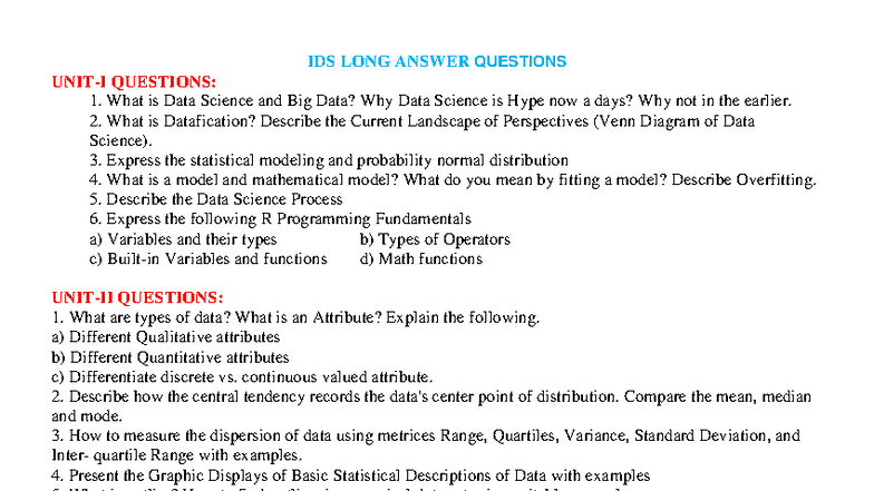 IDS 101: Unit-Wise Long Answer Questions on Data Science and R ...