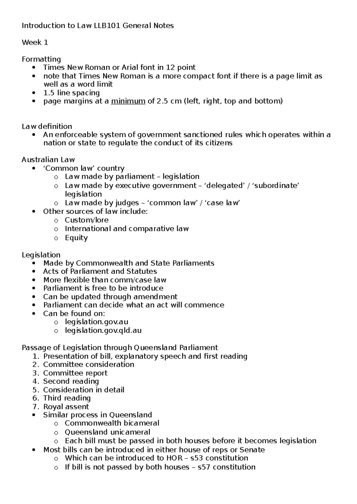 Introduction to Law LLB101: General Notes for Weeks 1-5 - Studocu