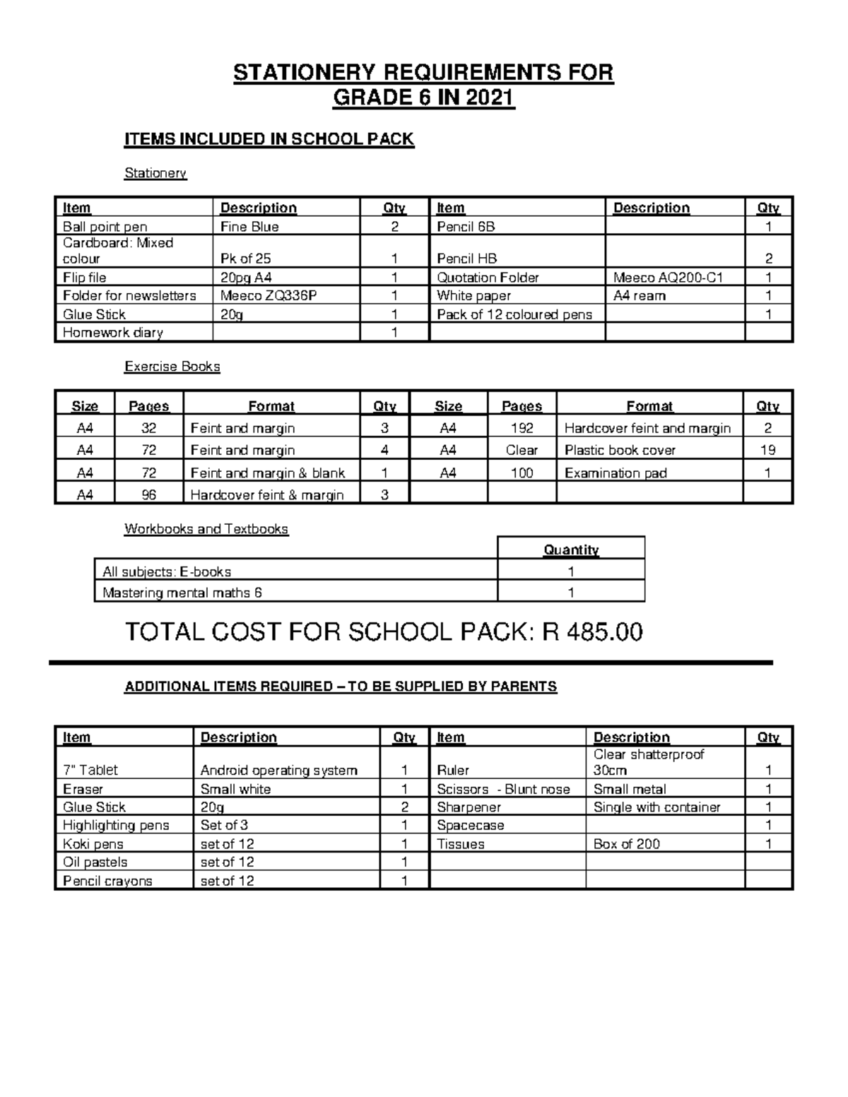 Grade 6 in 2021 Stationery Requirements - STATIONERY REQUIREMENTS FOR ...