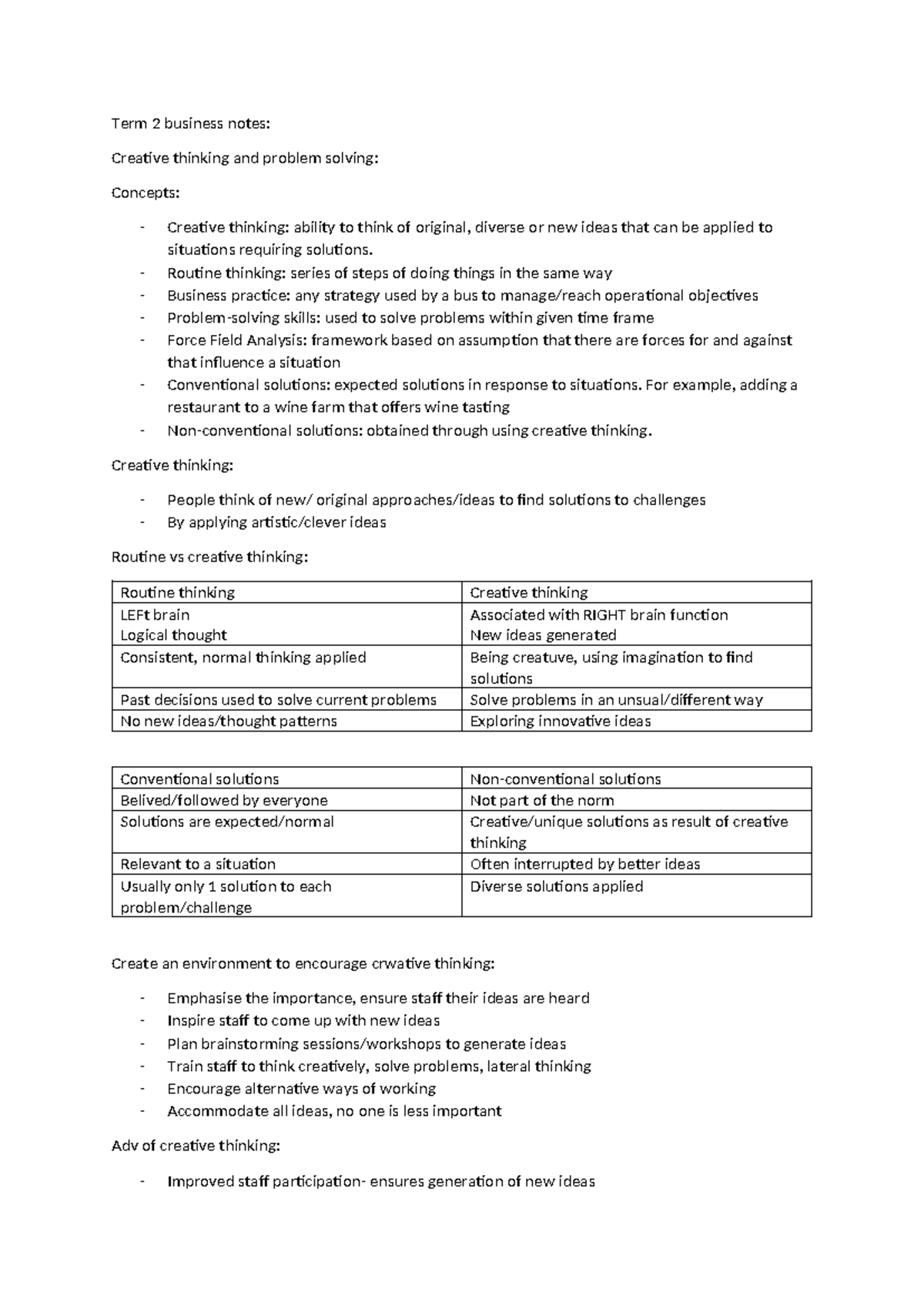 Term 2 Business Notes: Creative Thinking & Problem-Solving Strategies ...