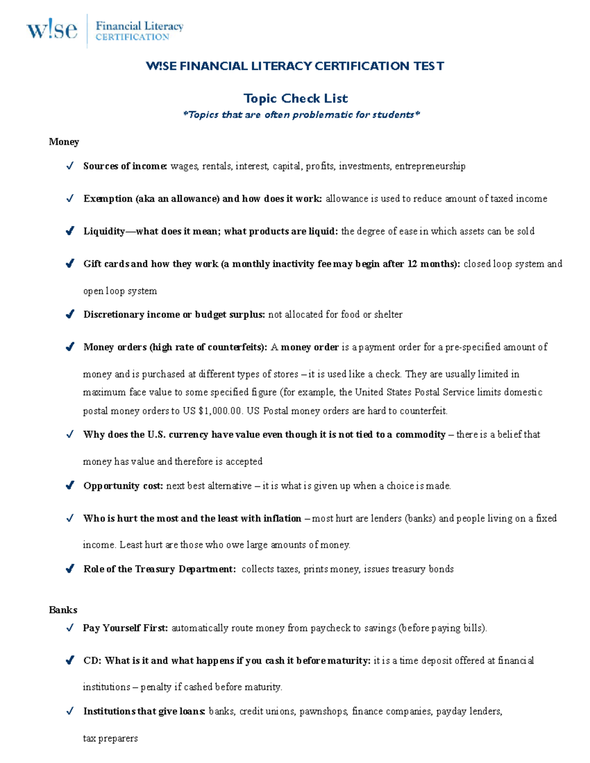 W!SE Financial Literacy Certification Study Guide - Studocu