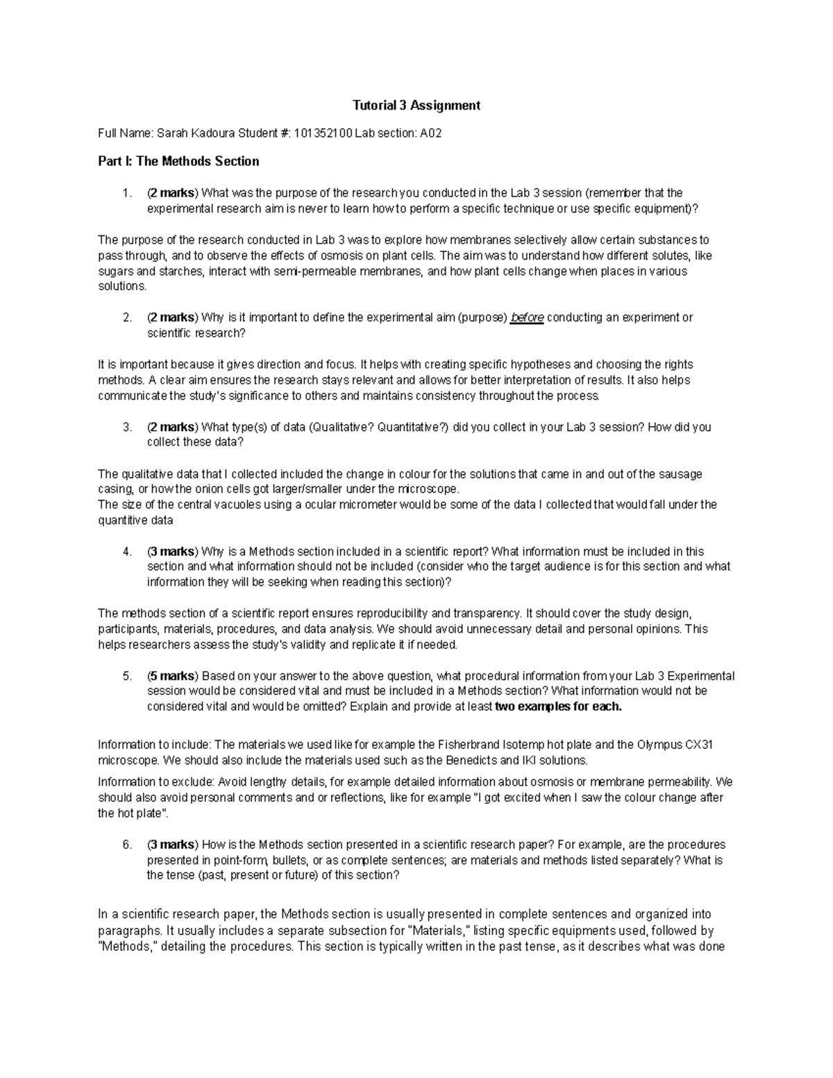 Tutorial 3: Methods Section Analysis - Sarah Kadoura 101352100 A02 ...