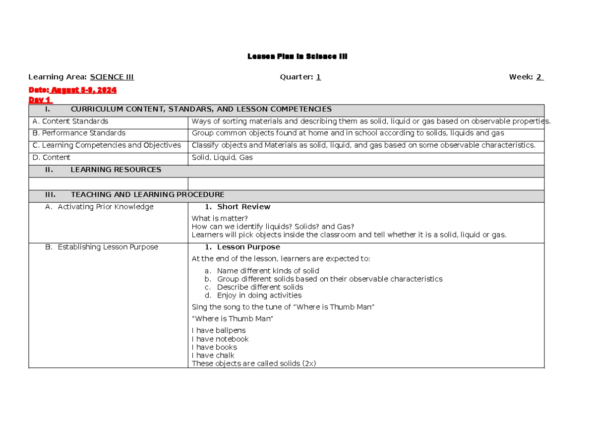 SCIENCE 3 Lesson Plan: Week 6 - Phase Changes & Sublimation - Studocu