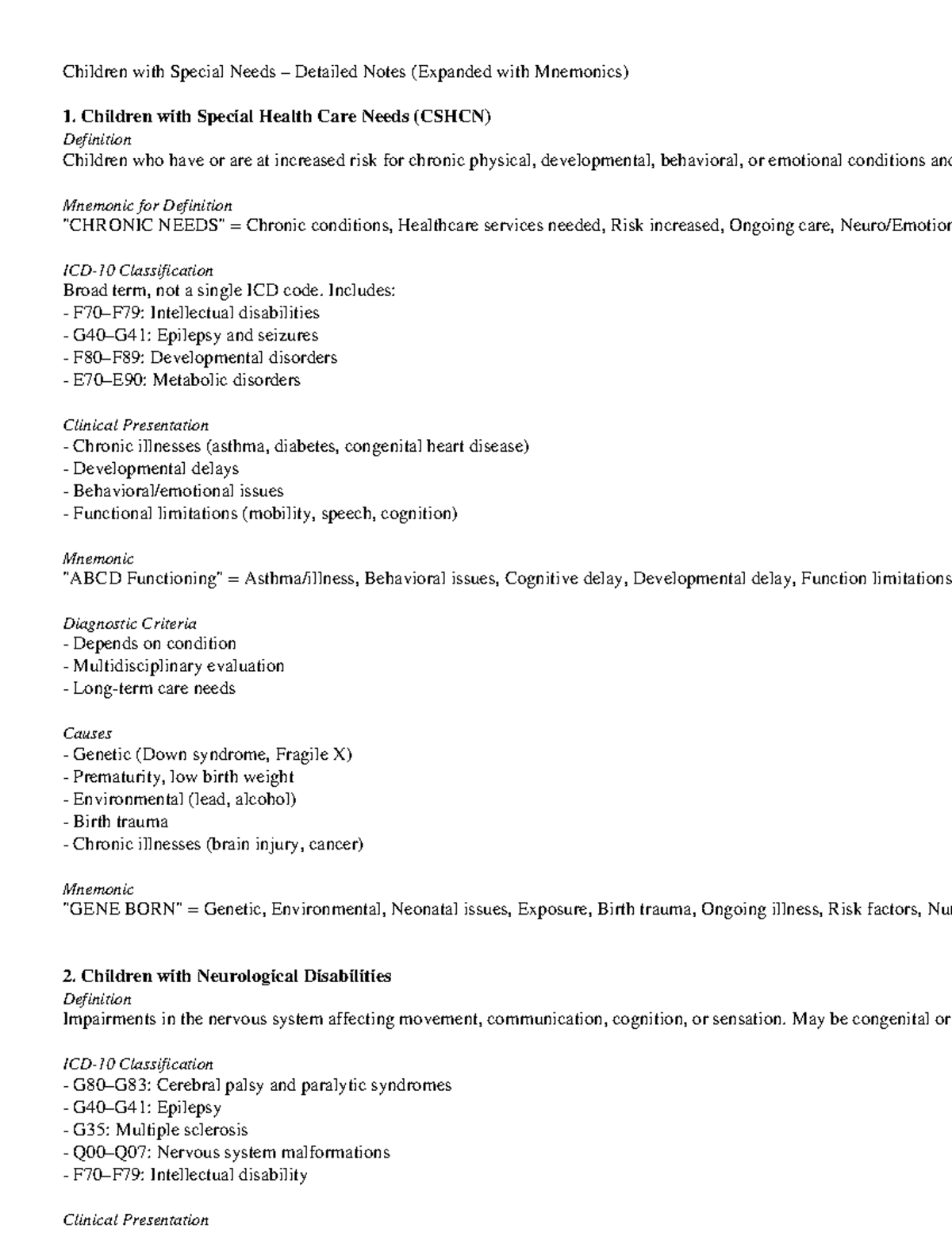 Children with Special Needs Detailed Notes (CSHCN) - Studocu