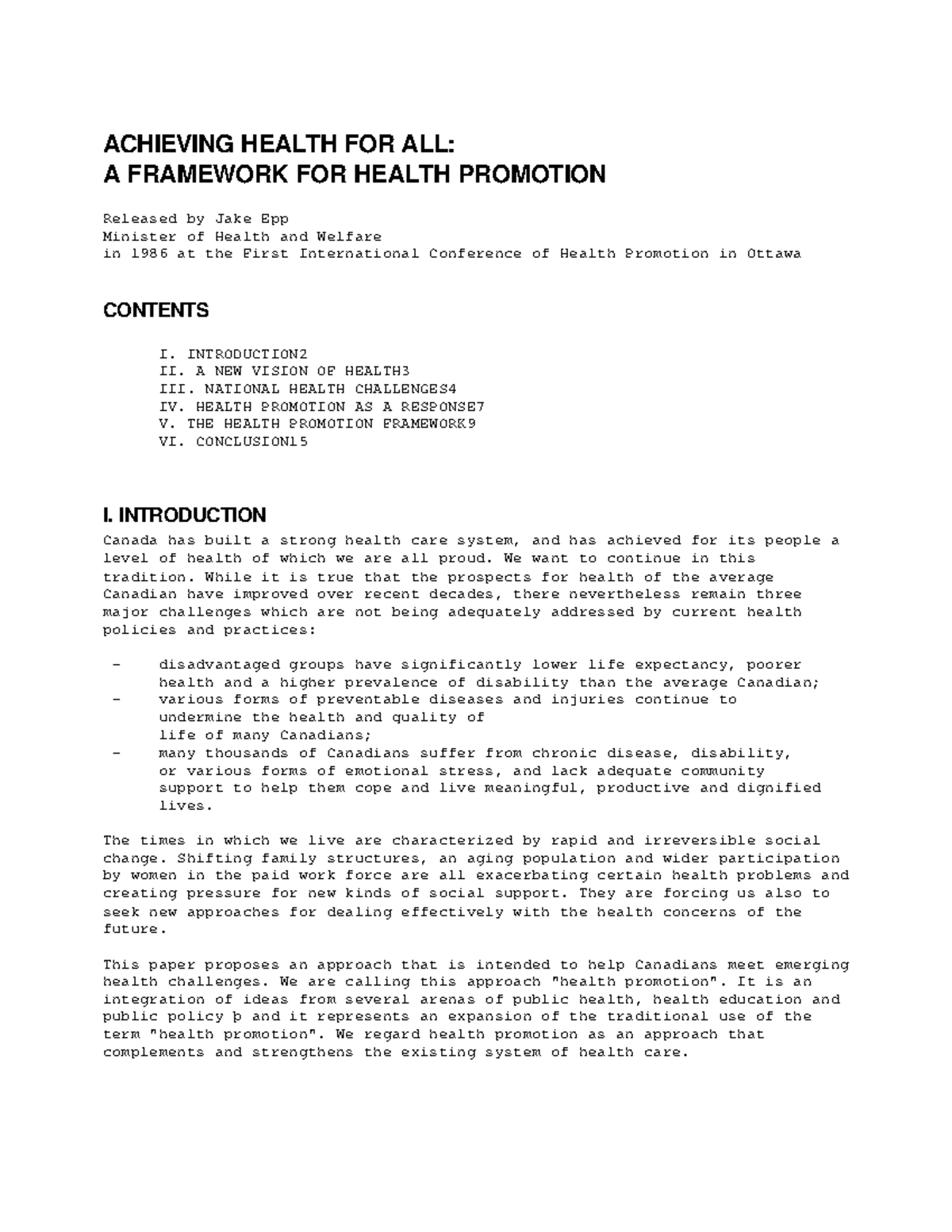Jake Epp's 1986 Framework for Health Promotion Strategies - Studocu