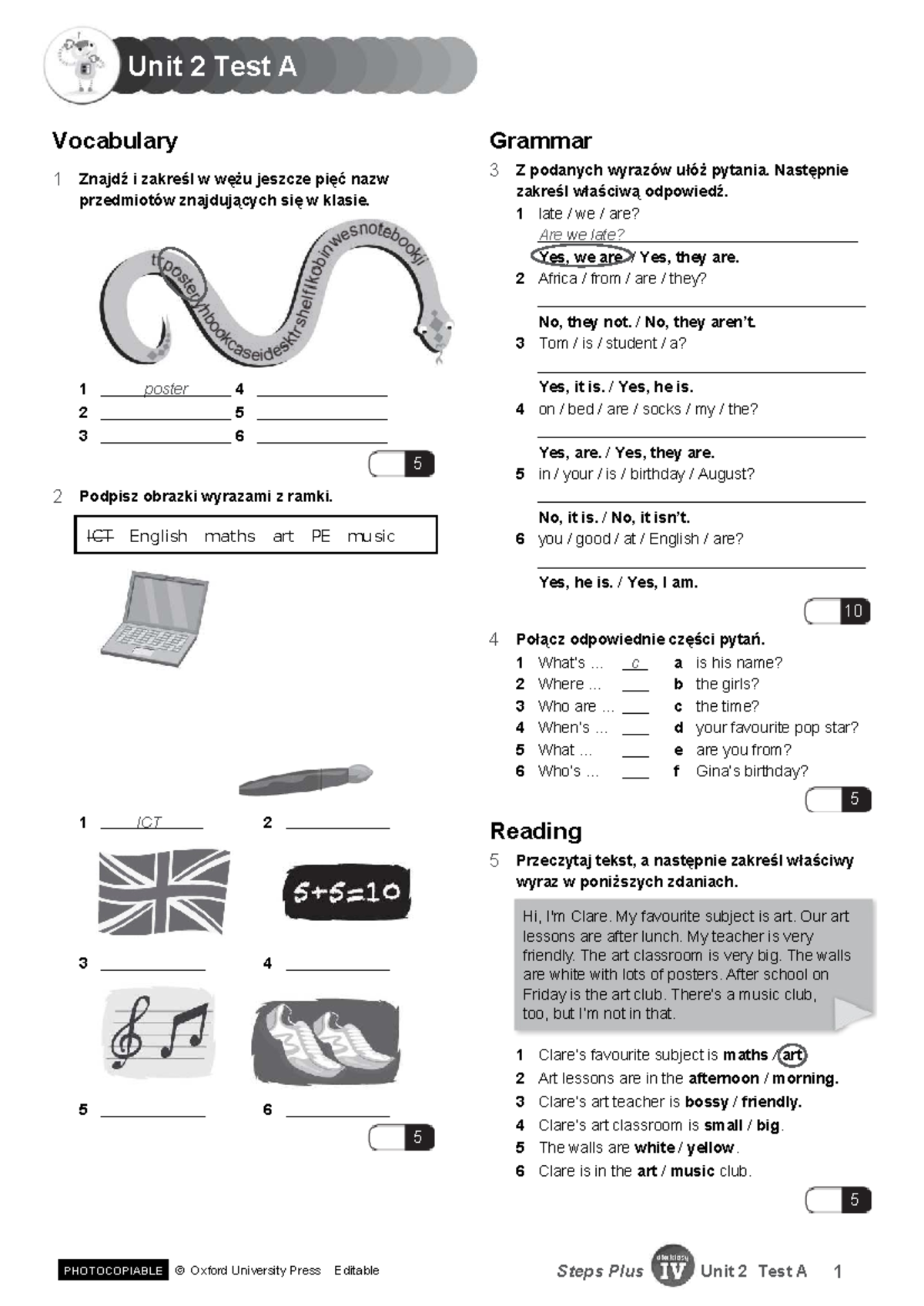 Unit 2 Test A Vocabulary & Grammar 1 - Steps Plus 4 - Studocu