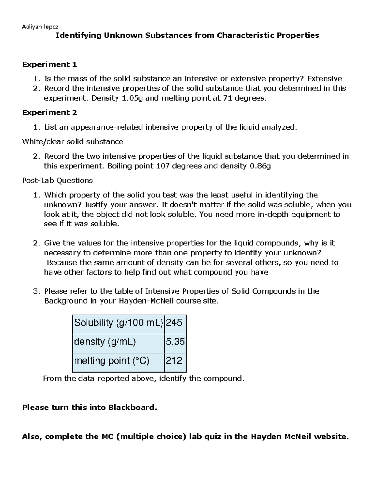 Identifying Unknown Substances From Characteristic Propertieslab 3 ...