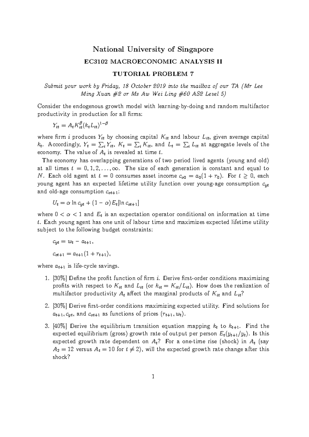 EC3102-T7-2019 - Tutorial 7 - National University of Singapore EC3102 ...