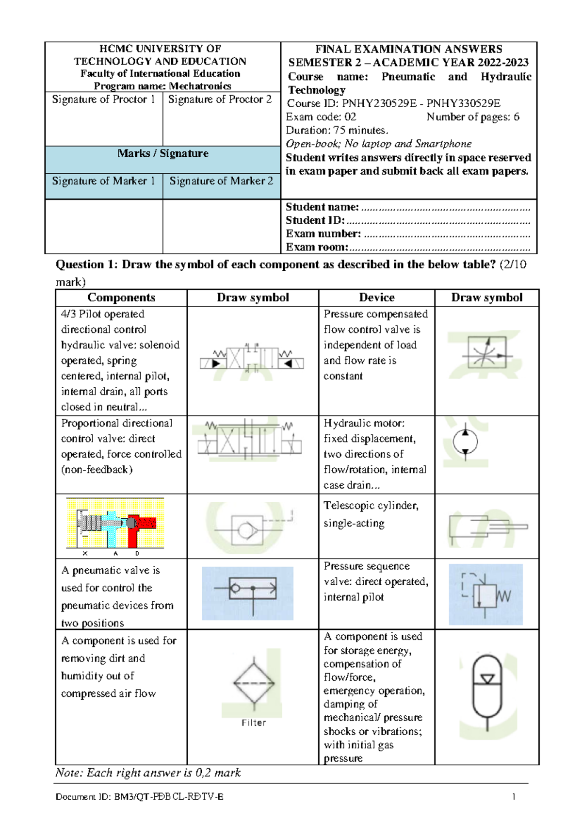 Final Examination Answers: PNHY230529E & PNHY330529E - Mechatronics ...
