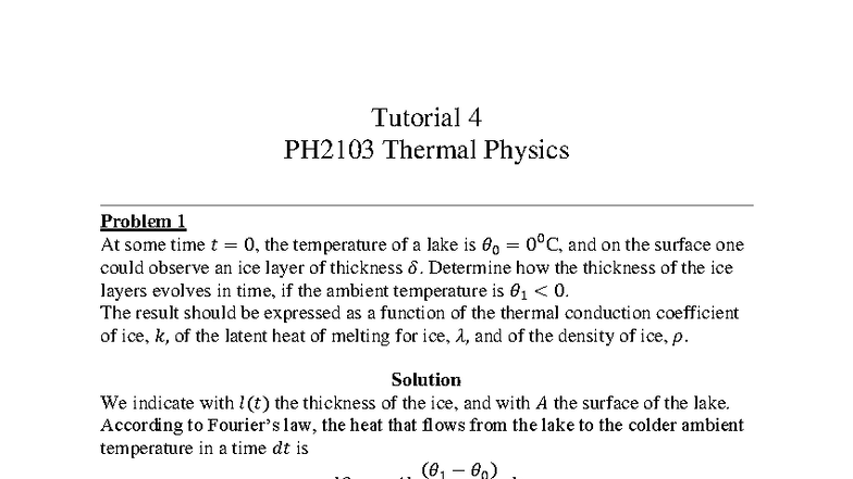 SOL PH2103 Thermal Physics Tutorial 4: Ice Thickness & Gas Pressure ...