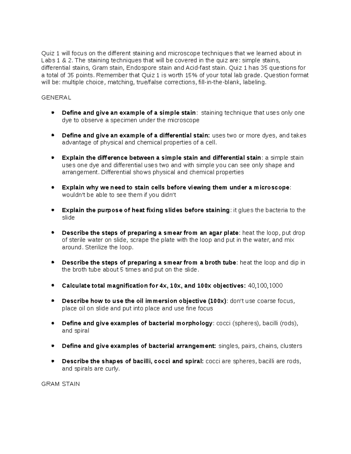 Micro Lab Quiz 1 - Staining Techniques & Microscope Overview - Studocu